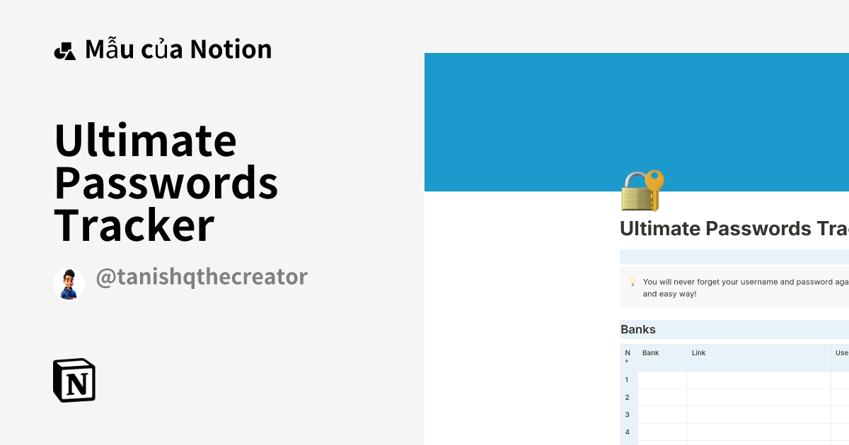 Ultimate Passwords Tracker Mẫu do TanishqTheCreator tạo | Thị trường Notion