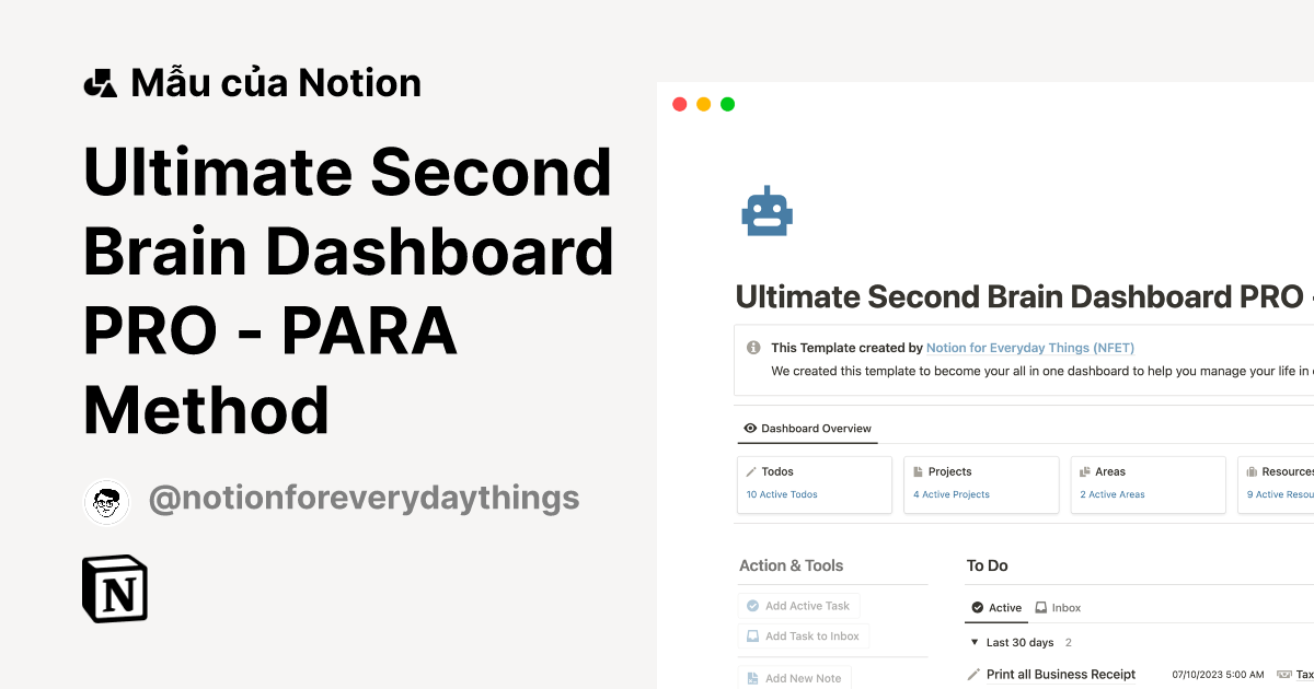 Ultimate Second Brain Dashboard PRO - PARA Method Mẫu do Neat. tạo | Thị trường Notion