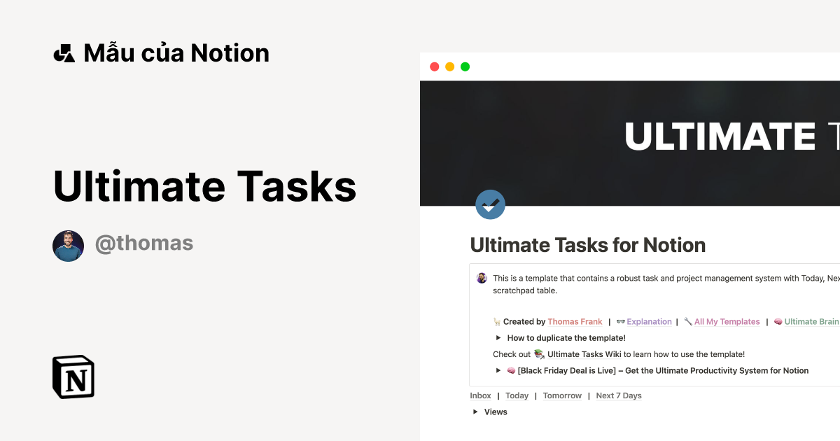 Ultimate Tasks Mẫu do Thomas Frank tạo | Thị trường Notion