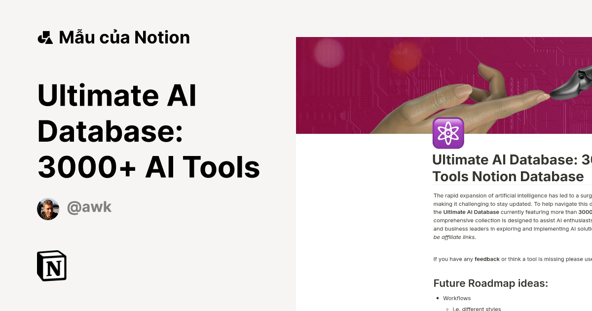 Mẫu Ultimate AI Database: 3000+ AI Tools | Thị trường Notion