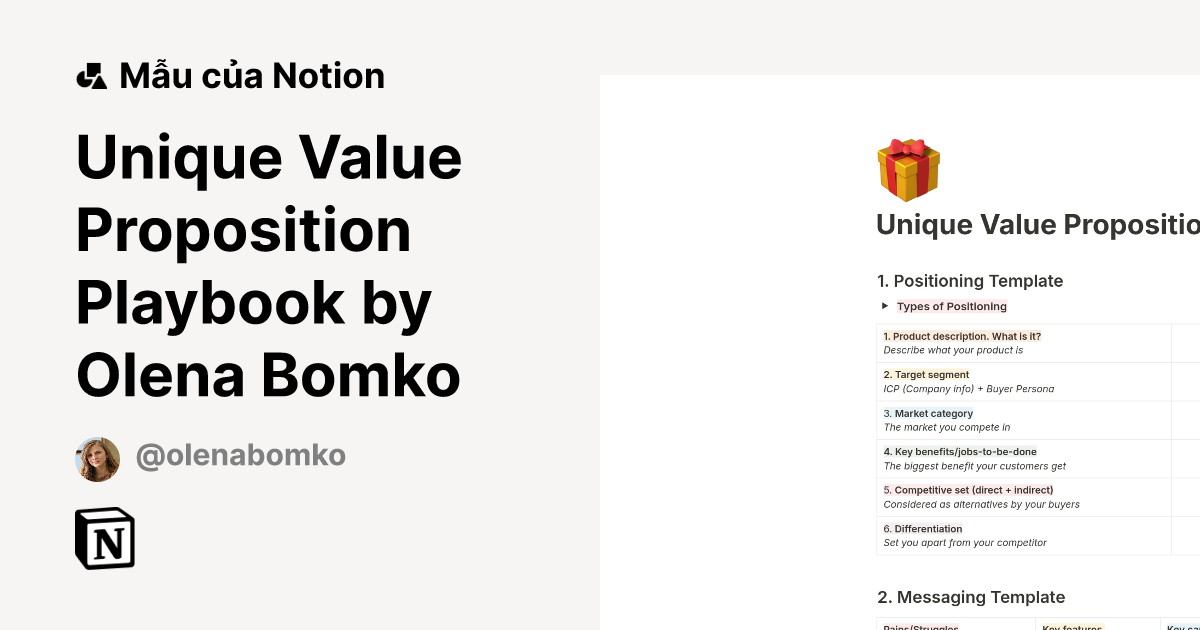 Mẫu Unique Value Proposition Playbook by Olena Bomko | Thị trường Notion