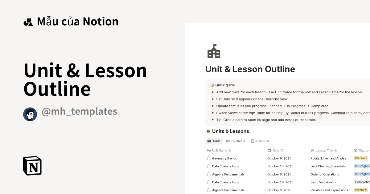 Unit & Lesson Outline Mẫu do MH Systems tạo | Thị trường Notion
