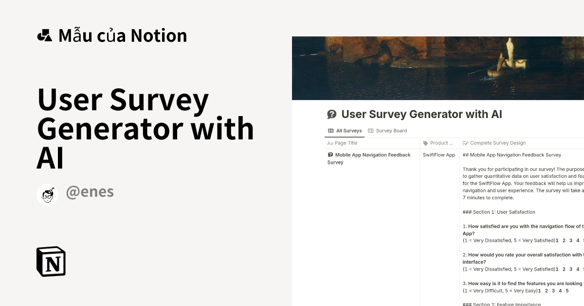Mẫu User Survey Generator with AI | Thị trường Notion