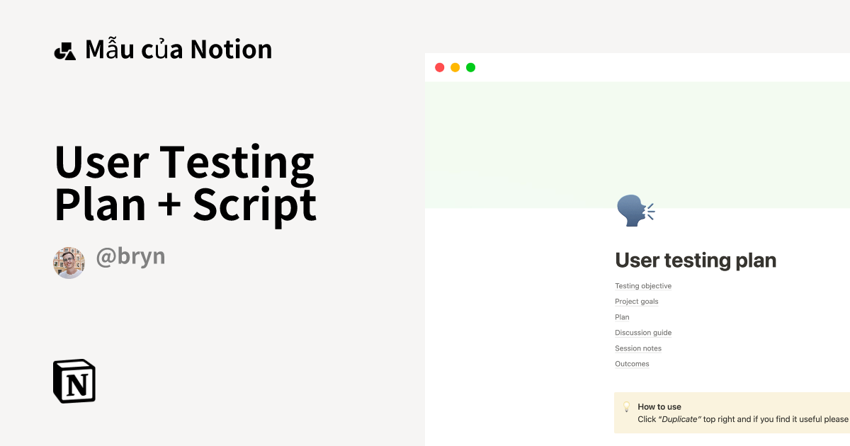 Mẫu User Testing Plan + Script | Thị trường Notion