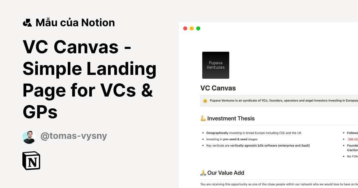 Mẫu VC Canvas - Simple Landing Page for VCs & GPs | Thị trường Notion