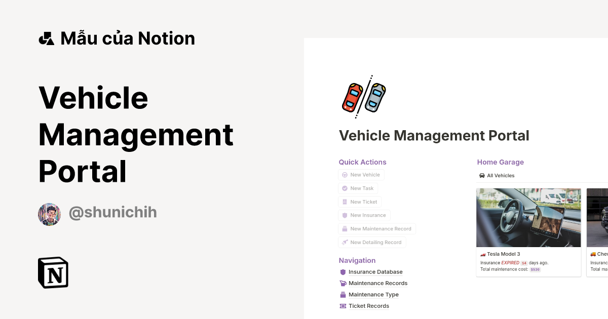 Mẫu Vehicle Management Portal | Thị trường Notion
