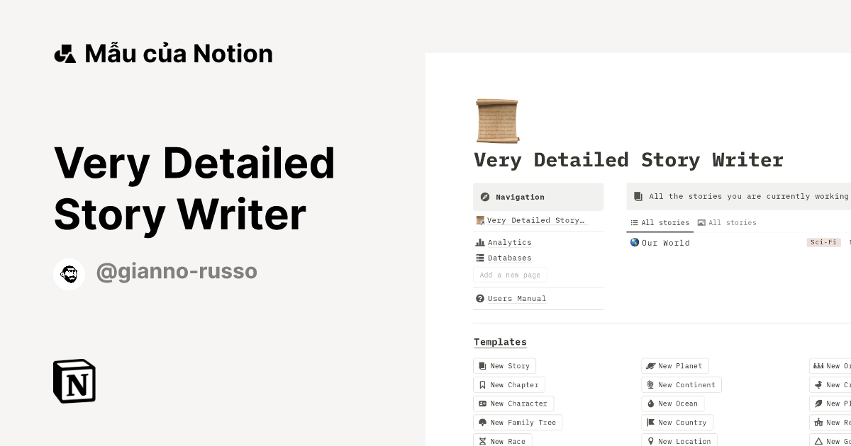 Very Detailed Story Writer Mẫu do Gianno Russo tạo | Thị trường Notion
