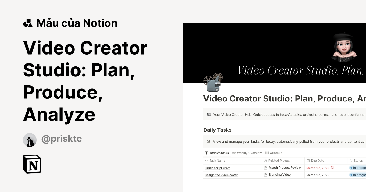 Video Creator Studio: Plan, Produce, Analyze Mẫu do Pris Kwok tạo | Thị trường Notion