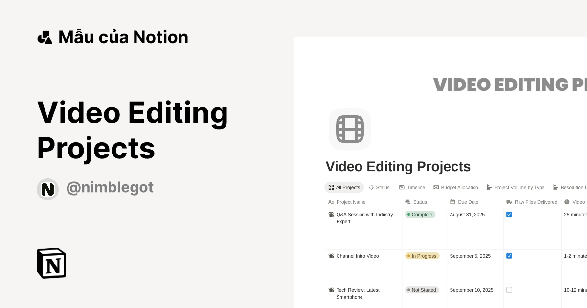 Mẫu Video Editing Projects | Thị trường Notion