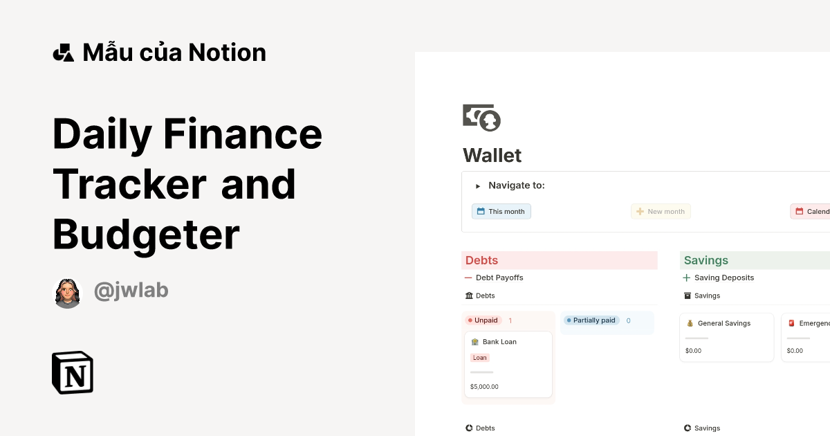 Mẫu Daily Finance Tracker and Budgeter | Thị trường Notion