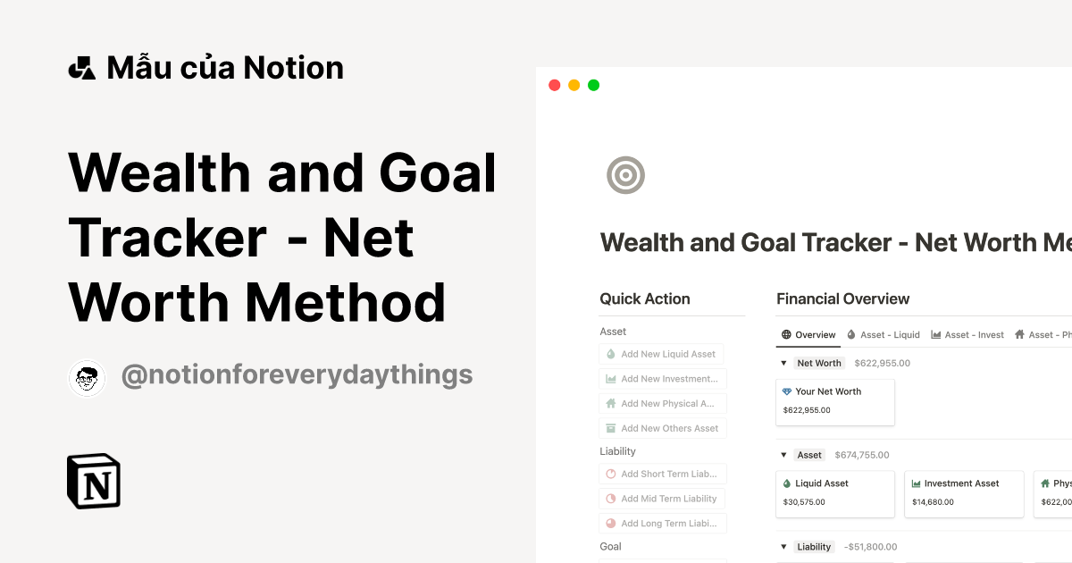 Wealth and Goal Tracker - Net Worth Method Mẫu do Neat. tạo | Thị trường Notion