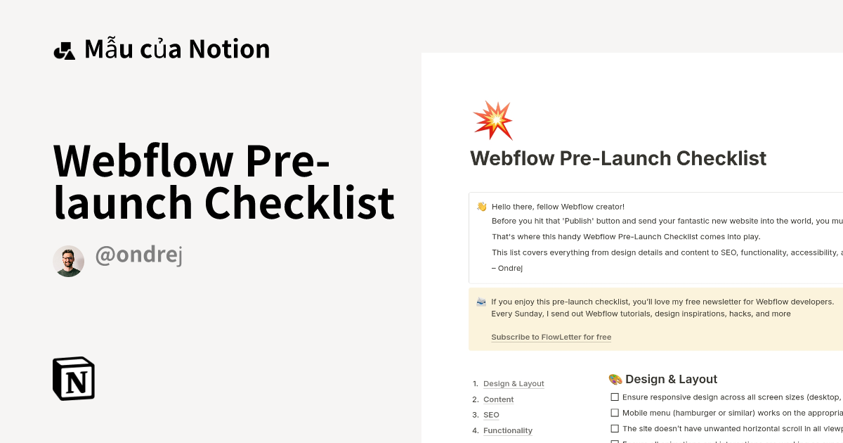 Webflow Pre-launch Checklist Mẫu do Ondrej Prostrednik tạo | Thị trường Notion