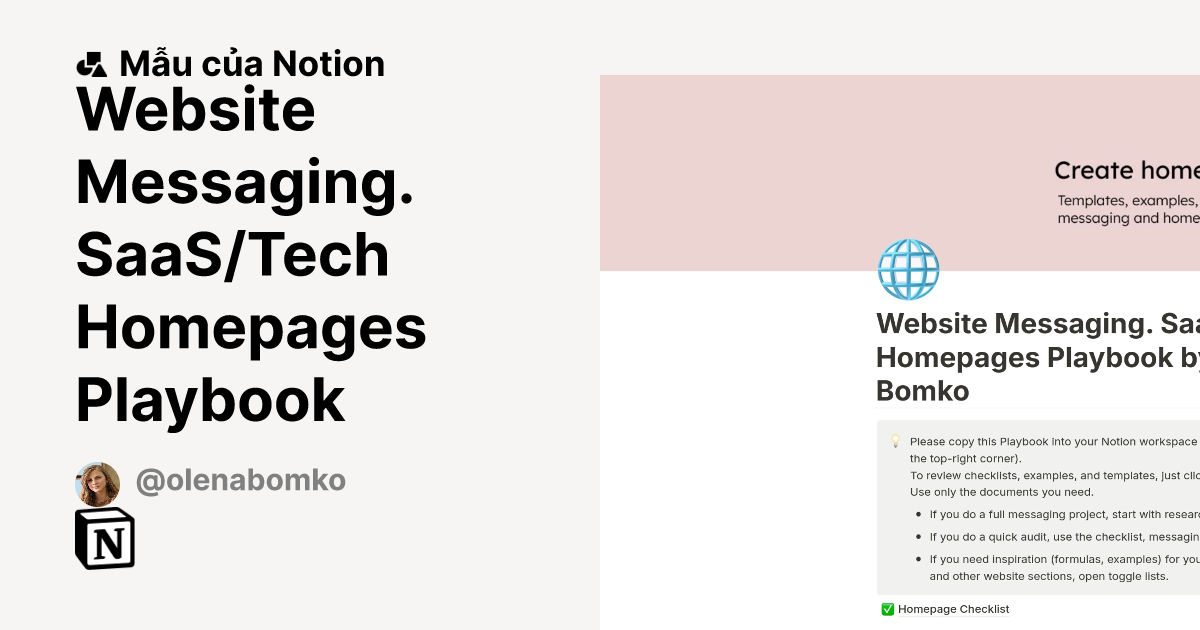 Website Messaging. SaaS/Tech Homepages Playbook Mẫu do Olena Bomko tạo | Thị trường Notion