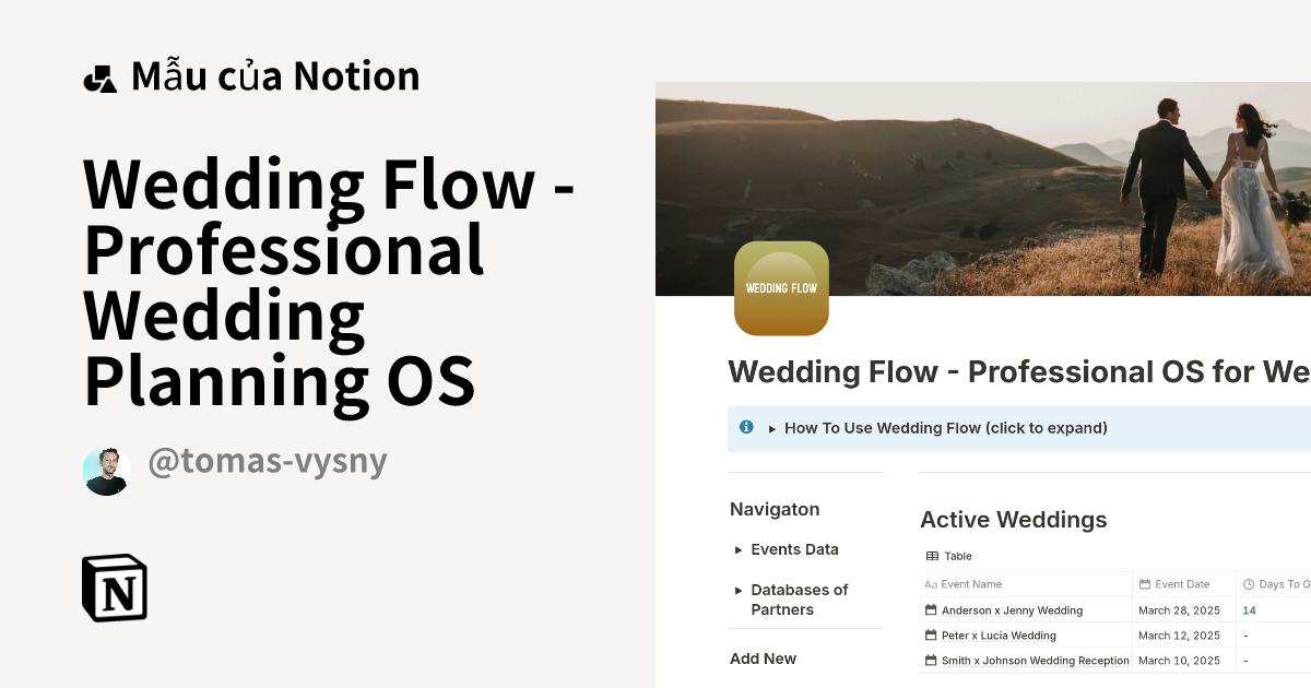 Wedding Flow -Professional Wedding Planning OS Mẫu do Tomas Vysny tạo | Thị trường Notion