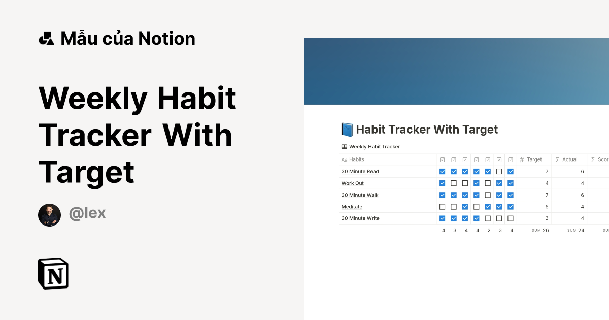 Weekly Habit Tracker With Target Mẫu do Lex tạo | Thị trường Notion