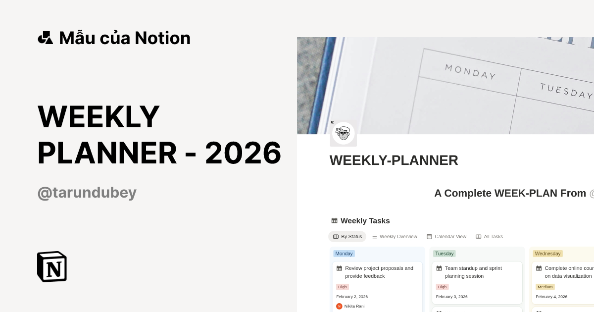 WEEKLY PLANNER - 2026 Mẫu do TARUN DUBEY tạo | Thị trường Notion