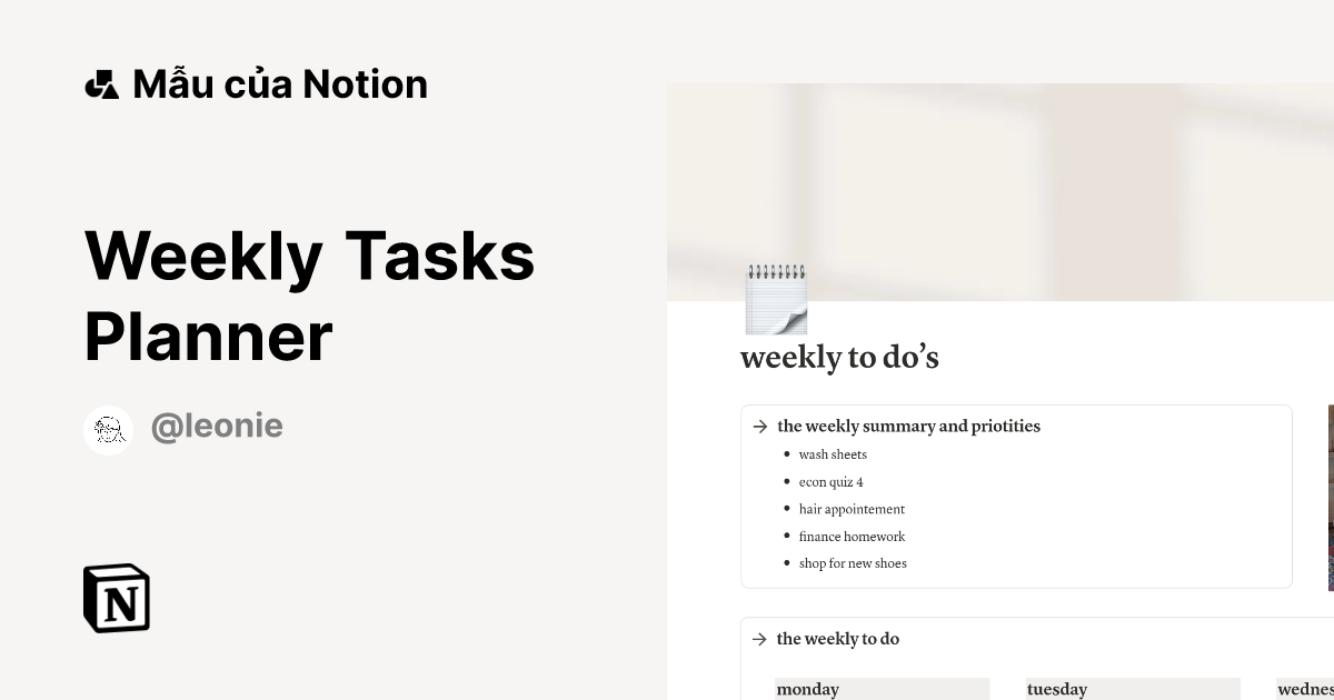 Mẫu Weekly Tasks Planner | Thị trường Notion