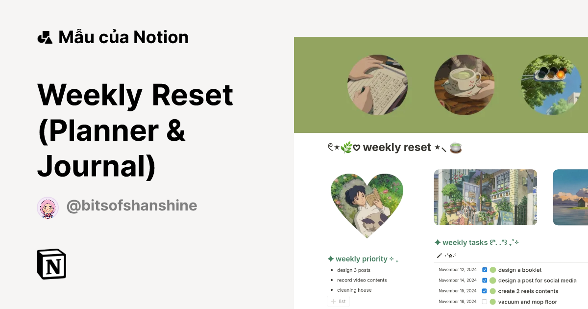 Weekly Reset (Planner & Journal) Mẫu do bits of shanshine tạo | Thị trường Notion