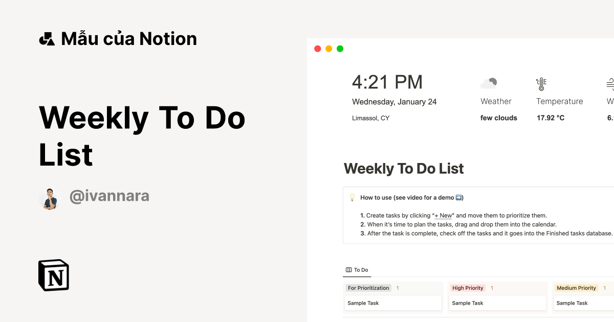 Weekly To Do List Mẫu do Ivan Nara tạo | Thị trường Notion