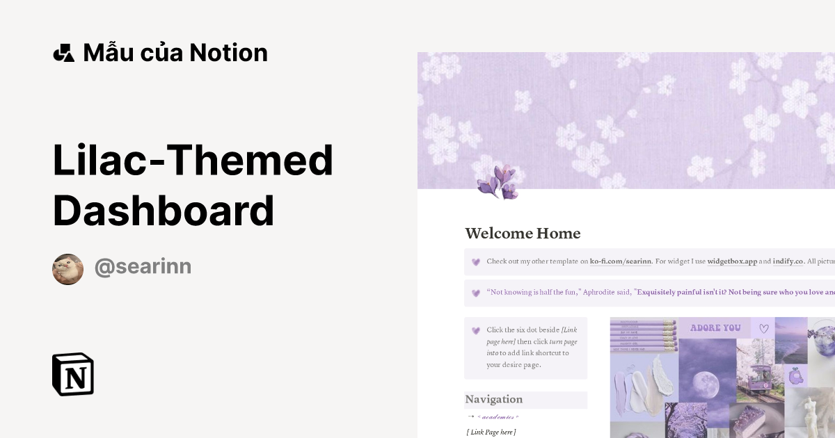 Lilac-Themed Dashboard Mẫu do Searinn tạo | Thị trường Notion