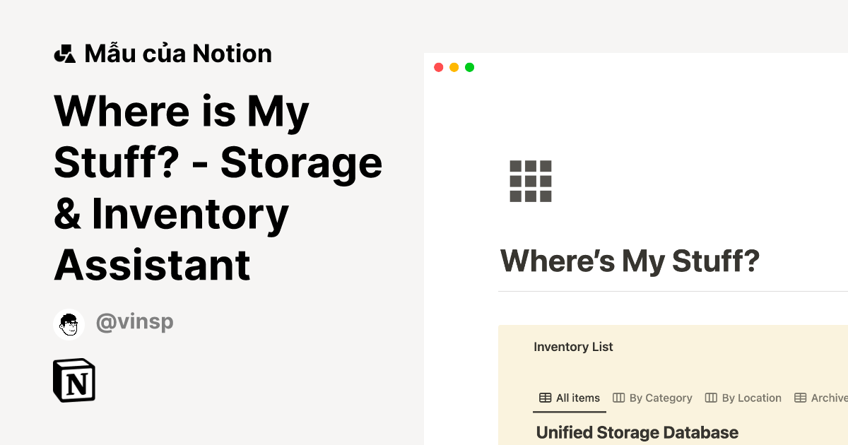 Mẫu Where is My Stuff? - Storage & Inventory Assistant | Thị trường Notion