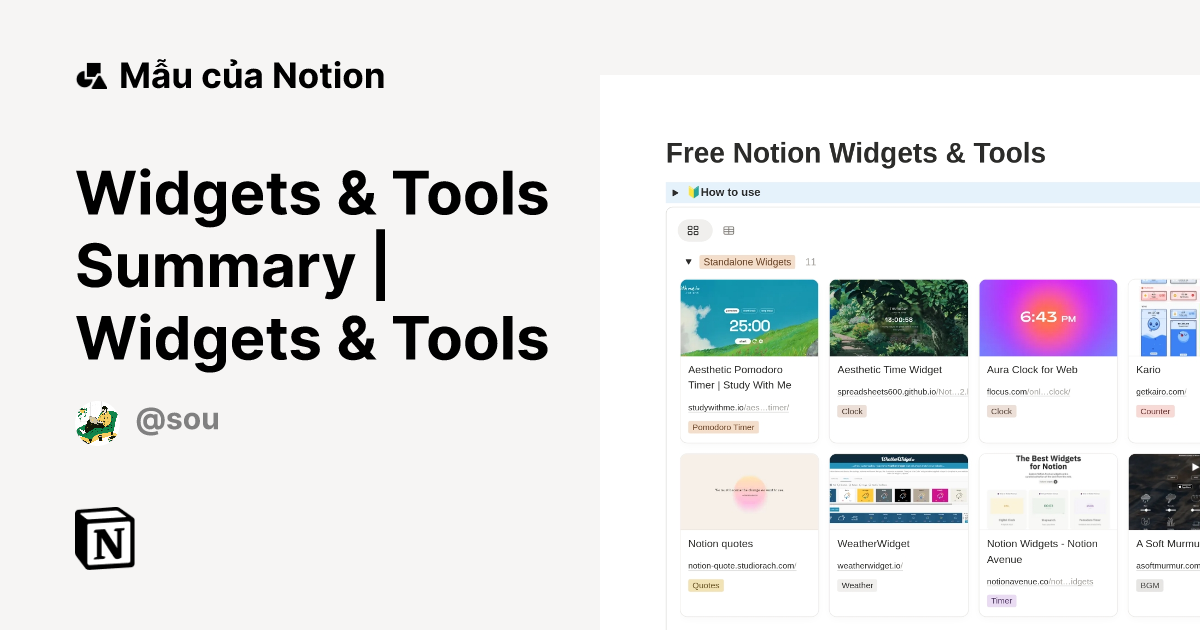 ウィジェット & ツール まとめ | Widgets & Tools Mẫu do SOU tạo | Thị trường Notion