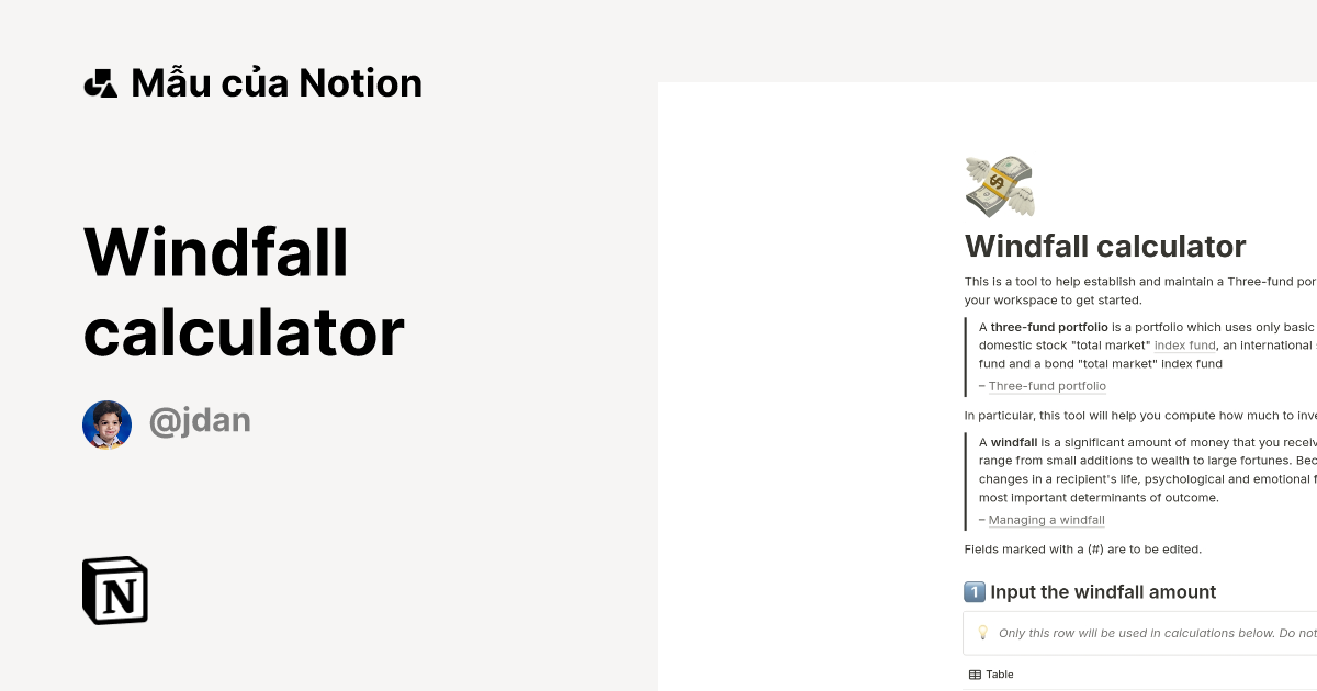 Mẫu Windfall calculator | Thị trường Notion