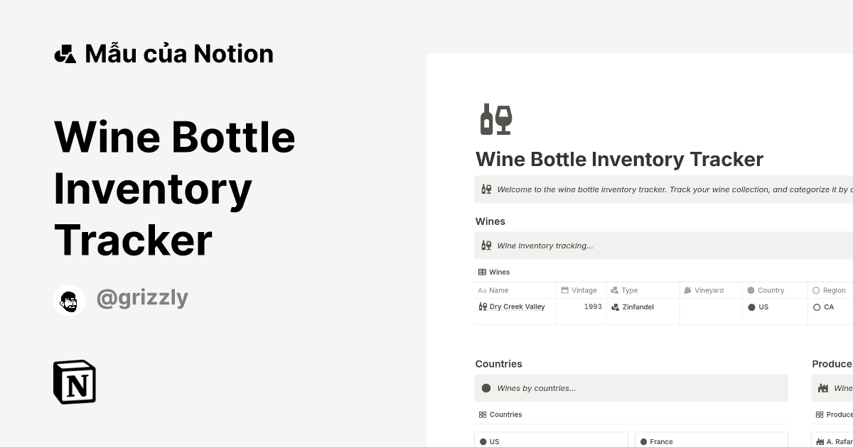 Wine Bottle Inventory Tracker Mẫu do Notion Grizzly tạo | Thị trường Notion