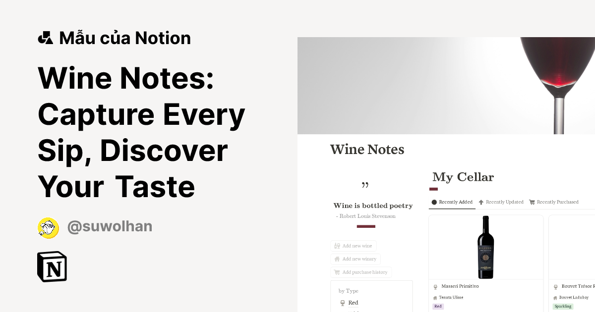 Mẫu Wine Notes: Capture Every Sip, Discover Your Taste | Thị trường Notion