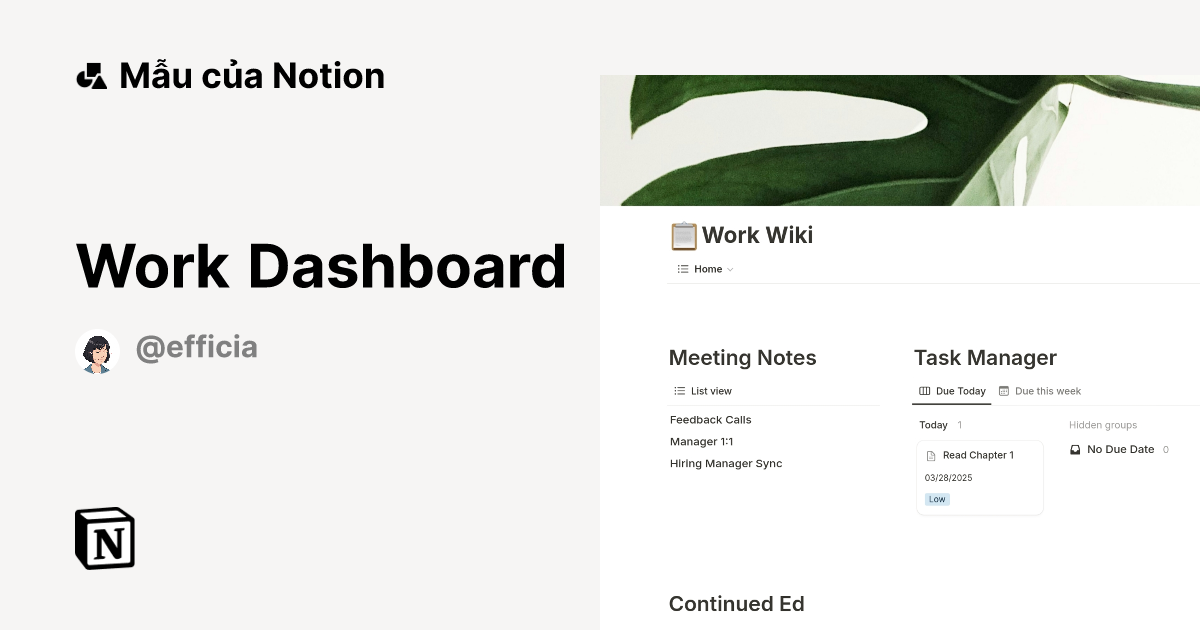 Work Dashboard Mẫu do Efficia tạo | Thị trường Notion