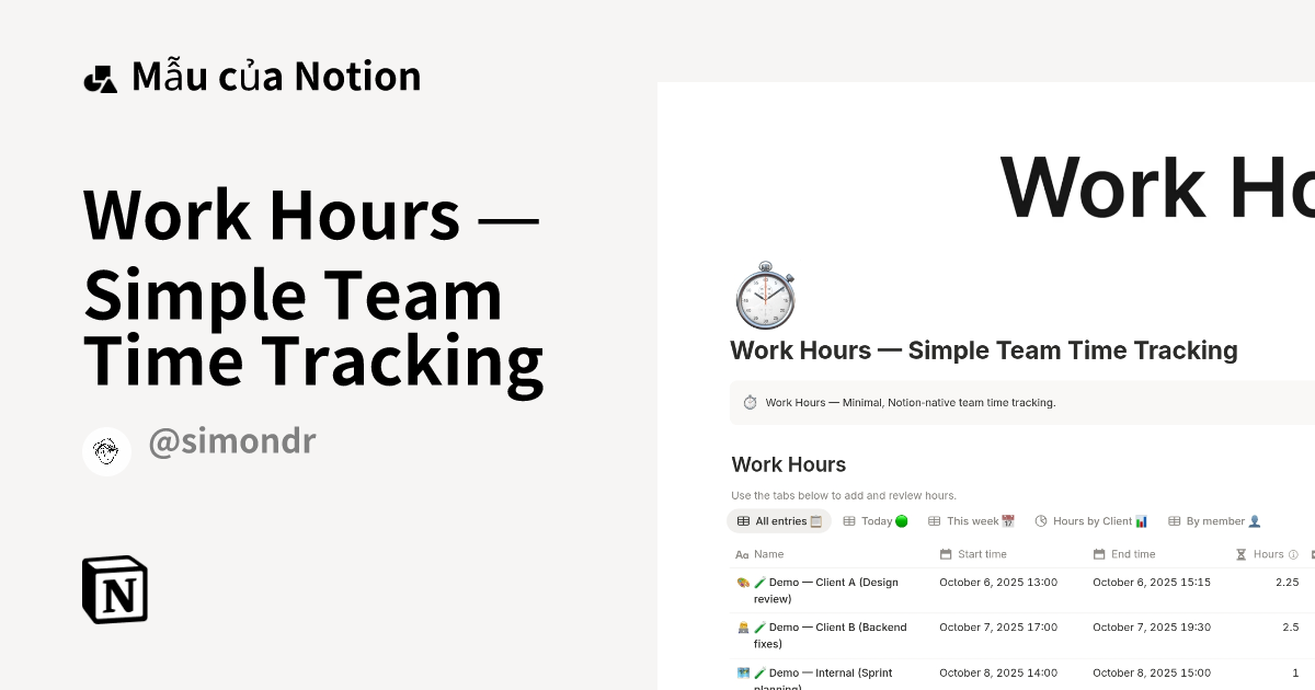 Mẫu Work Hours — Simple Team Time Tracking | Thị trường Notion