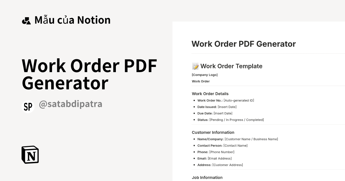 Work Order PDF Generator Mẫu do Satabdi Patra tạo | Thị trường Notion