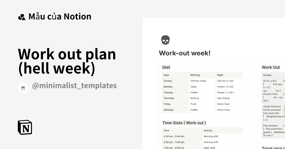 Mẫu Work out plan (hell week) | Thị trường Notion