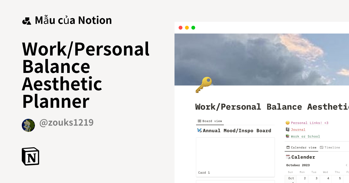 Work/Personal Balance Aesthetic Planner Mẫu do Zouk tạo | Thị trường Notion