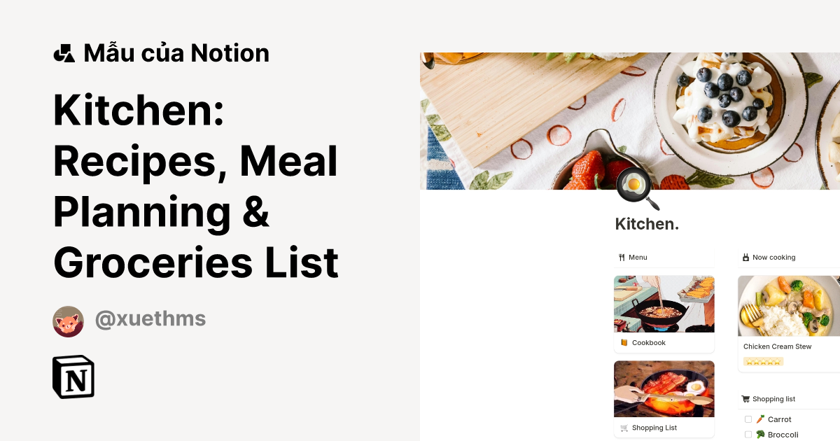 Mẫu Kitchen: Recipes, Meal Planning & Groceries List | Thị trường Notion
