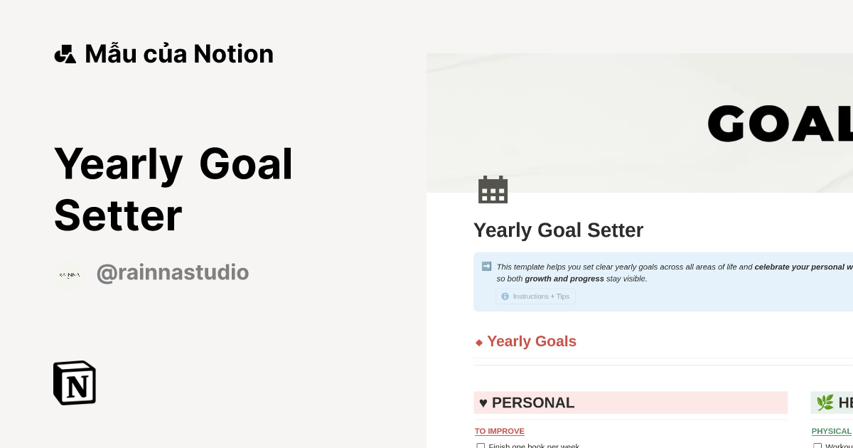 Mẫu Yearly Goal Setter | Thị trường Notion