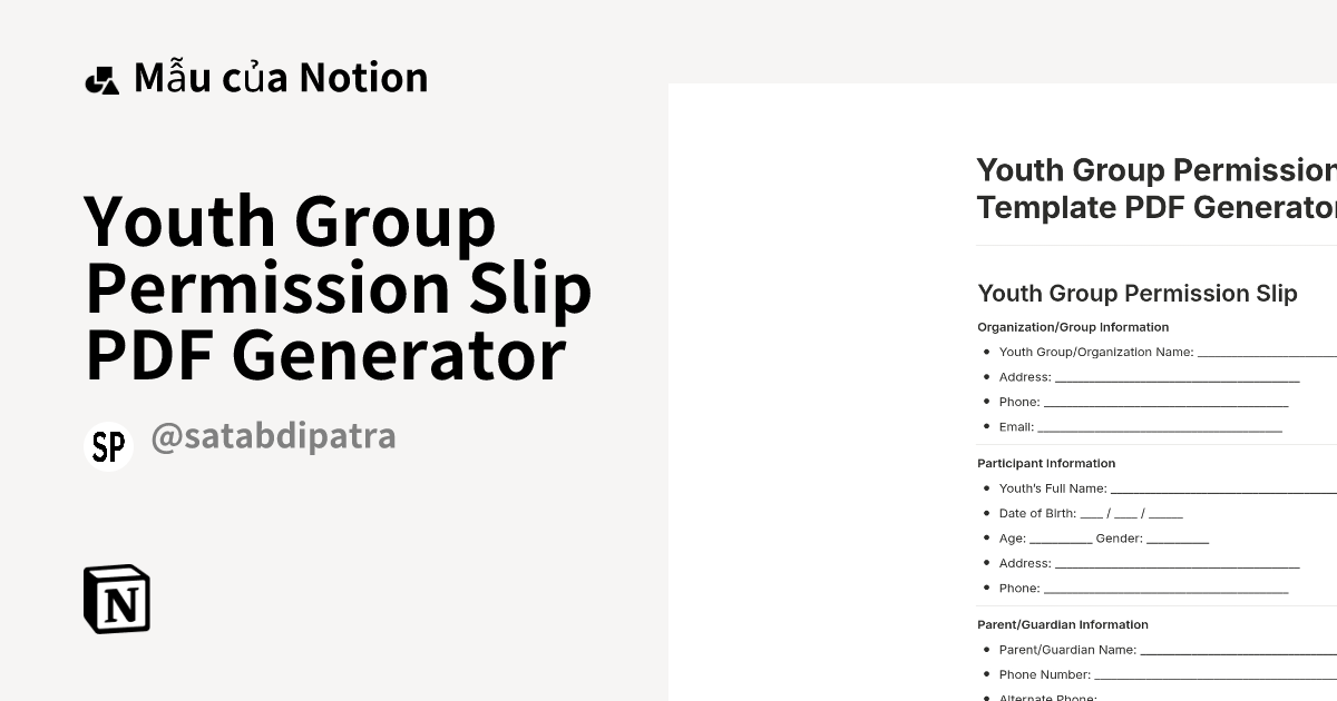Mẫu Youth Group Permission Slip PDF Generator | Thị trường Notion