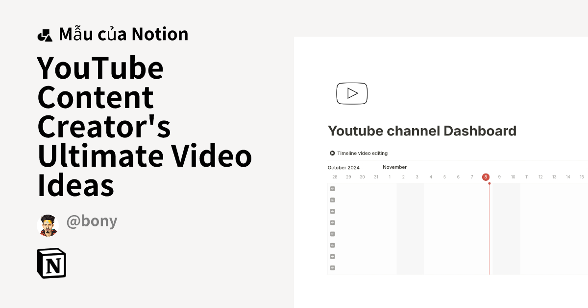 YouTube Content Creator's Ultimate Video Ideas Mẫu do Bony tạo | Thị trường Notion