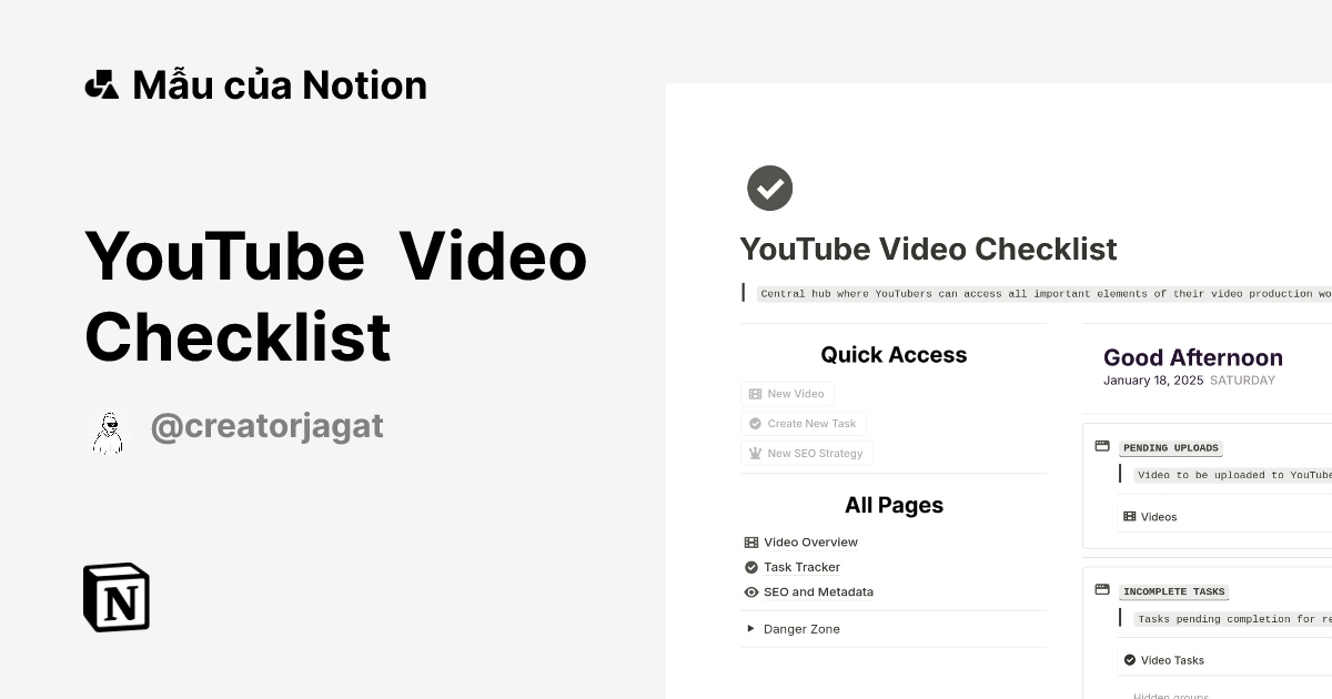 YouTube Video Checklist Mẫu do CreatorJagat tạo | Thị trường Notion