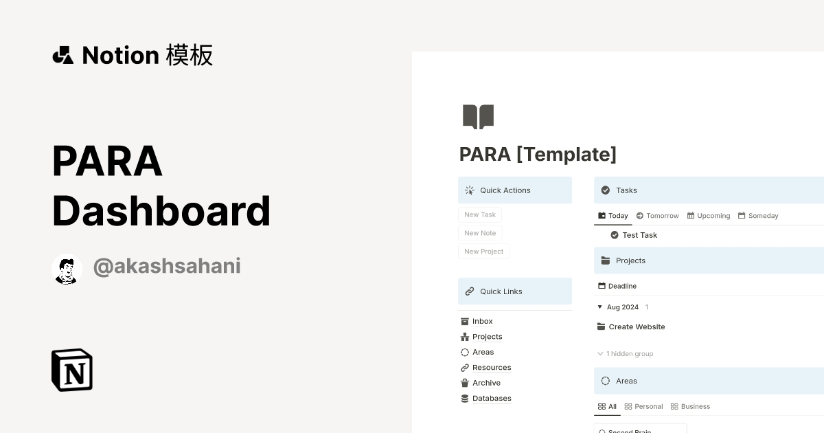 来自 Akash Sahani 的 PARA Dashboard 模板｜Notion市集