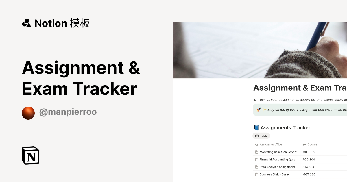 来自 Manpierroo 的 Assignment & Exam Tracker 模板｜Notion市集