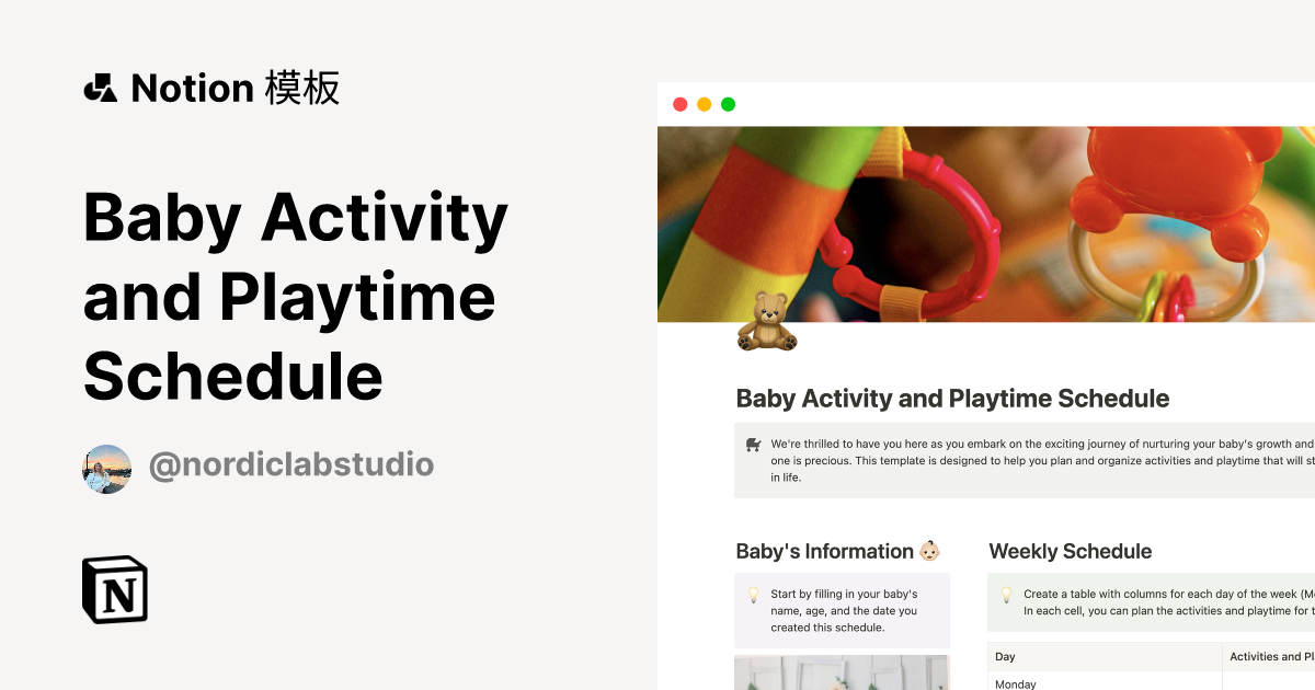 Baby Activity and Playtime Schedule 模板 | Notion 市集