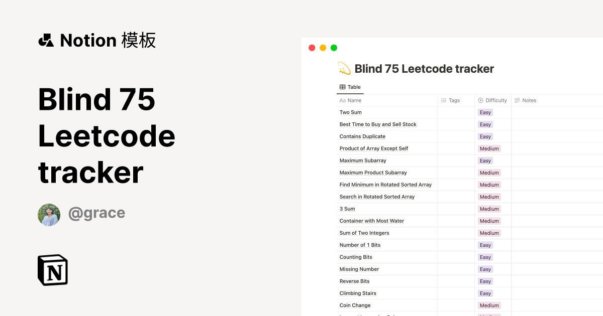 来自 Grace 的 Blind 75 Leetcode tracker 模板｜Notion市集