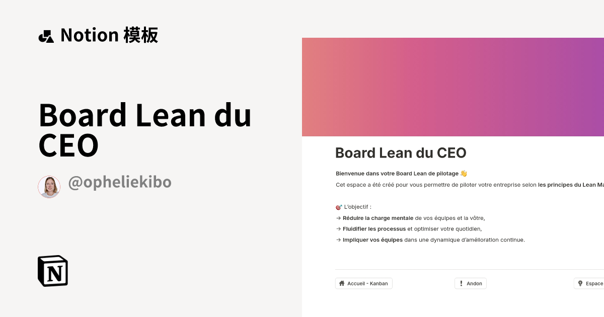 来自 Ophélie 的 Board Lean du CEO 模板｜Notion市集