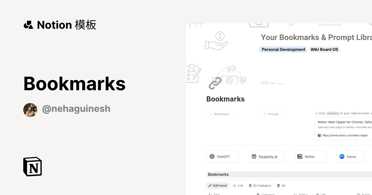 来自 Neha Guinesh 的 Bookmarks 模板｜Notion市集