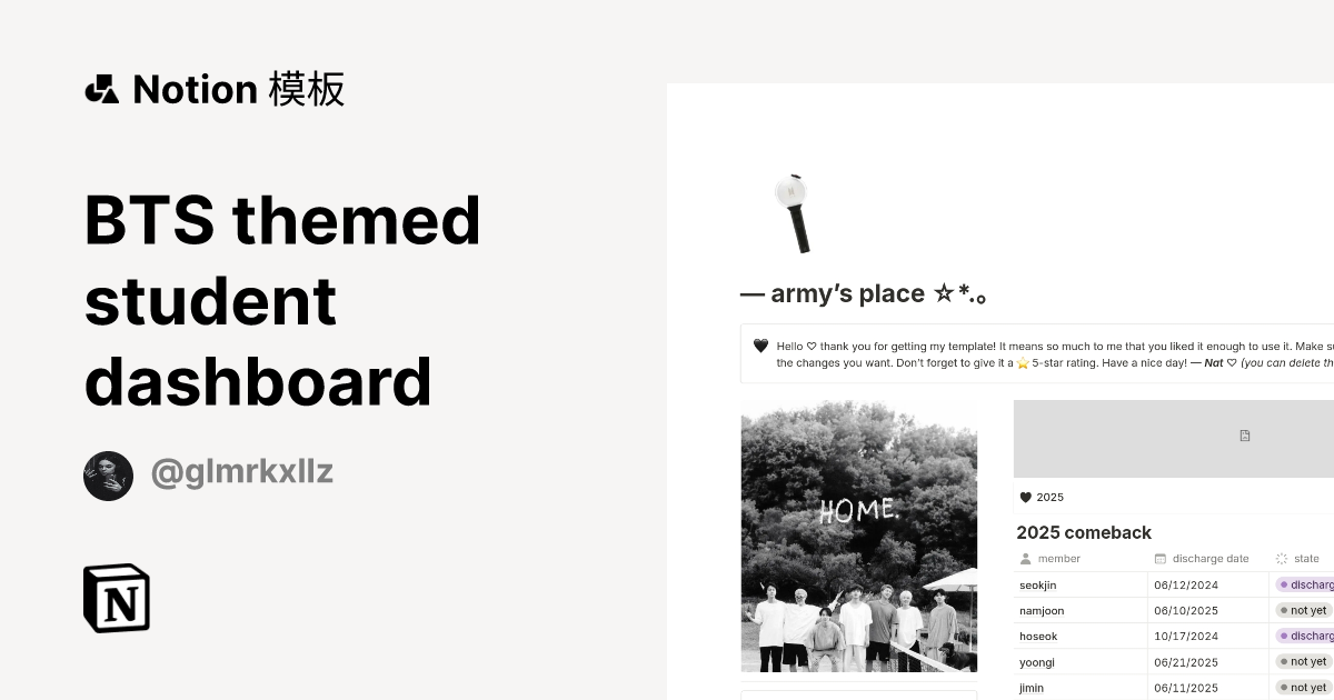 来自 GLAMOUR KLLZ STUDIOS 的 BTS themed student dashboard 模板｜Notion市集