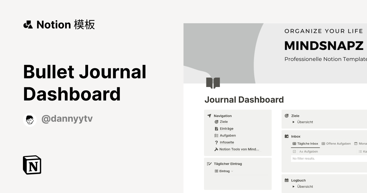 来自 DannyyTv von MindSnapz.de 的 Bullet Journal Dashboard 模板｜Notion市集