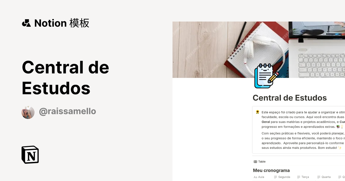 来自 Raíssa Mello 的 Central de Estudos 模板｜Notion市集