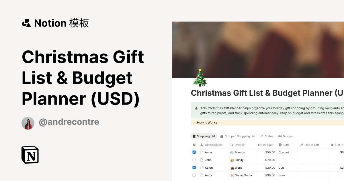 Christmas Gift List & Budget Planner (USD) 模板 | Notion 市集