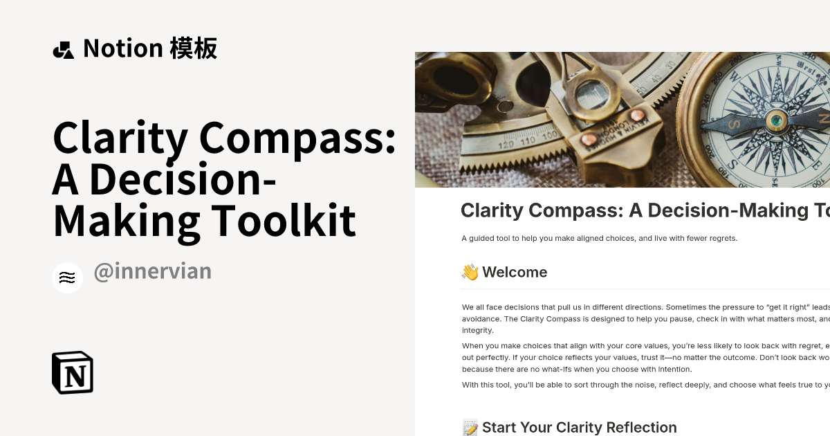 来自 Innervian 的 Clarity Compass: A Decision-Making Toolkit 模板｜Notion市集